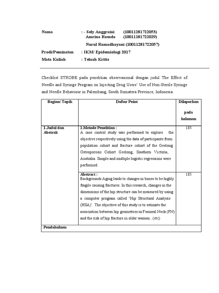 Telaah Kritis Strobe - Kel - Sely, Amrina, Nurul - Epid2017 | PDF | Correlation And Dependence ...