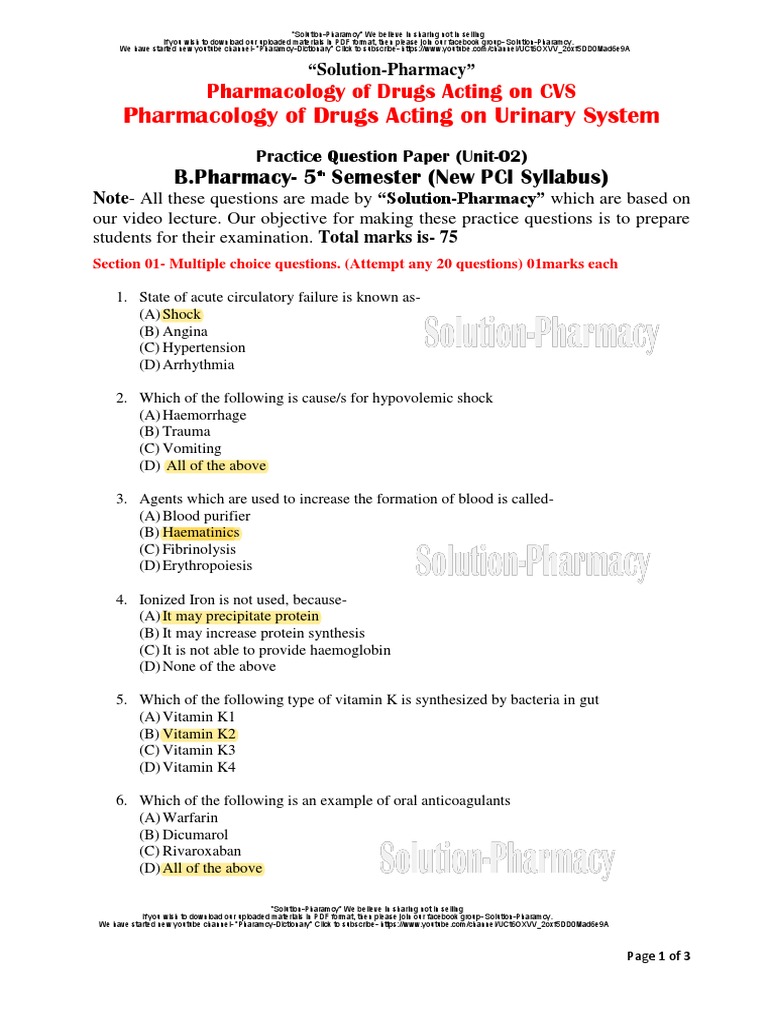 Pharmacology MCQs for CVS and Urinary System | PDF | Drugs | Pharmacology