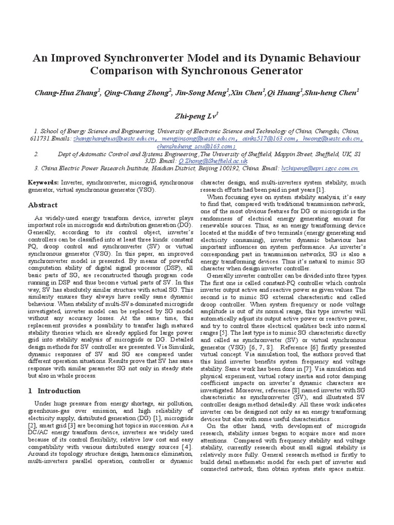 An Improved Synchronverter Model and Its Dynamic Behaviour Comparison With Synchronous Generator ...
