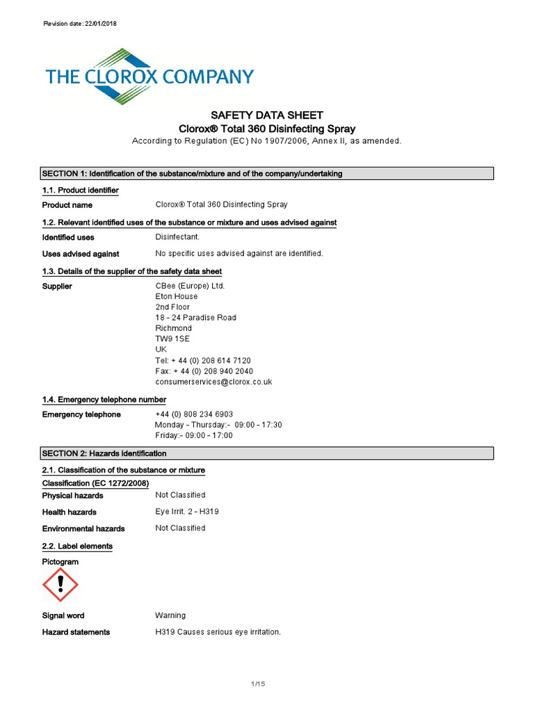 Safety Data Sheet Clorox® Total 360 Disinfecting Spray: According To ...
