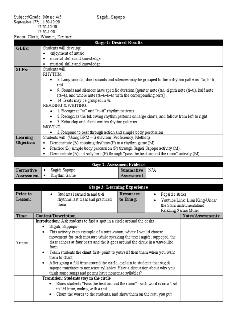 Sagidi Sapopo Lesson Plan | PDF | Rhythm | Behavior Modification