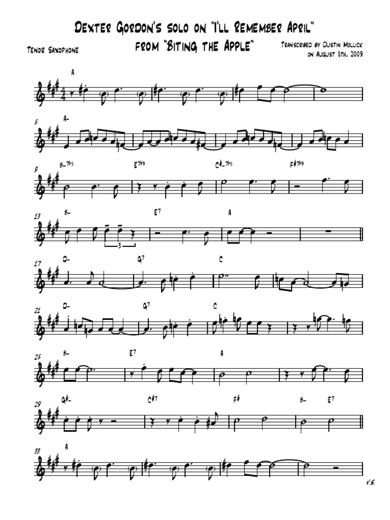 Dexter Gordon's "I'll Remember April" Solo | PDF | Saxophone | Woodwind ...