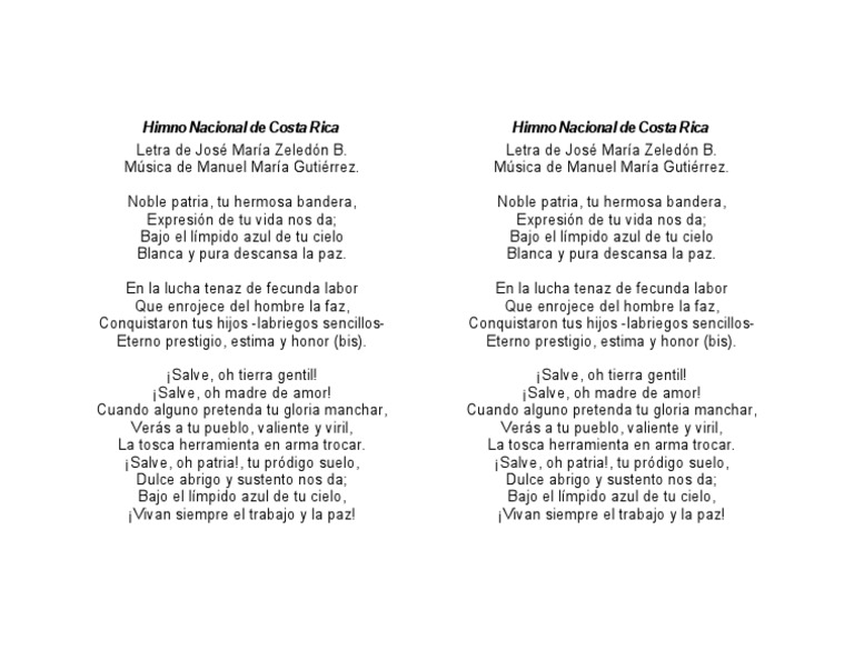 Himno Nacional de Costa Rica 2016 | PDF