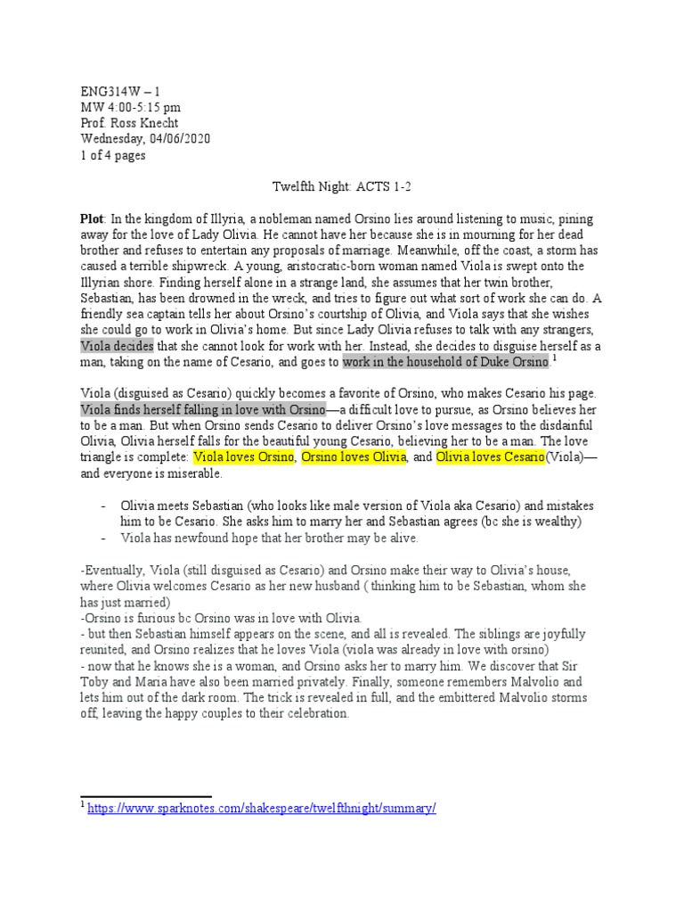 A Summary and Analysis of Shakespeare's Twelfth Night Acts 1-2 ...