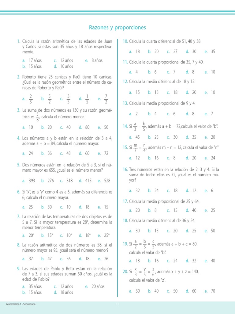 Ejercicios de Razones y Proporciones | PDF | Enseñanza de matemática ...