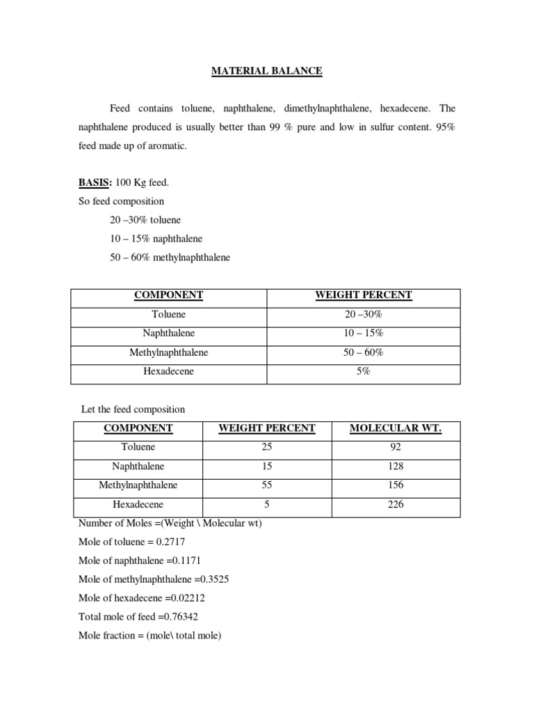 Naphthalene and Toluene Material Balance | PDF | Chemical Substances ...