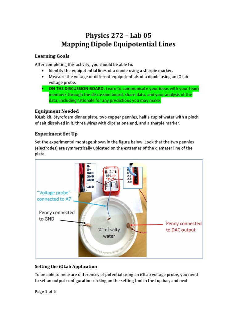 Physics 272 - Lab 05 Mapping Dipole Equipotential Lines: Learning Goals | PDF | Electromagnetism ...
