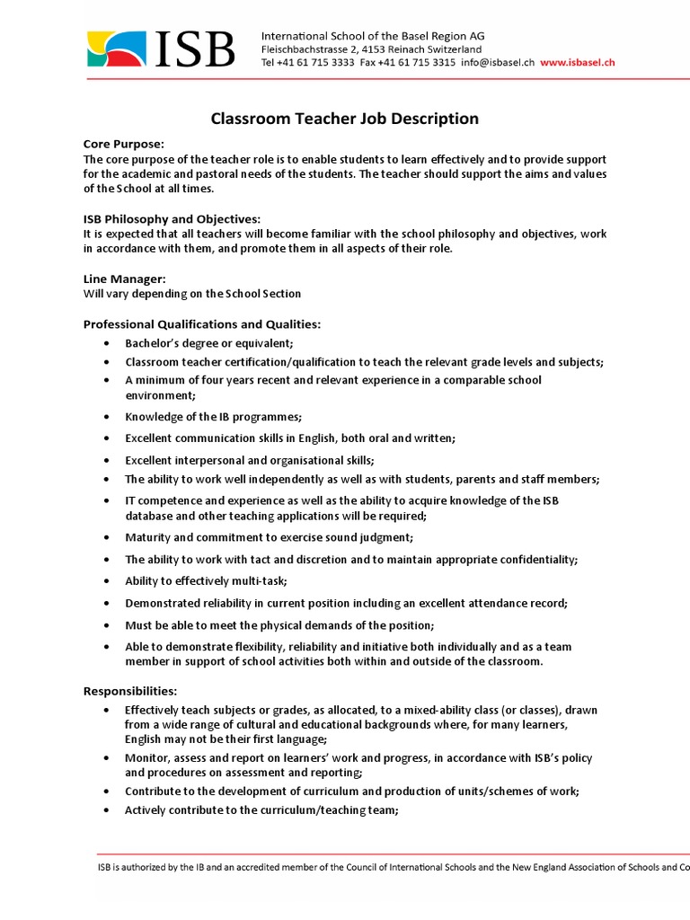 Classroom Teacher Job Description - September 2019 | PDF | Schools ...
