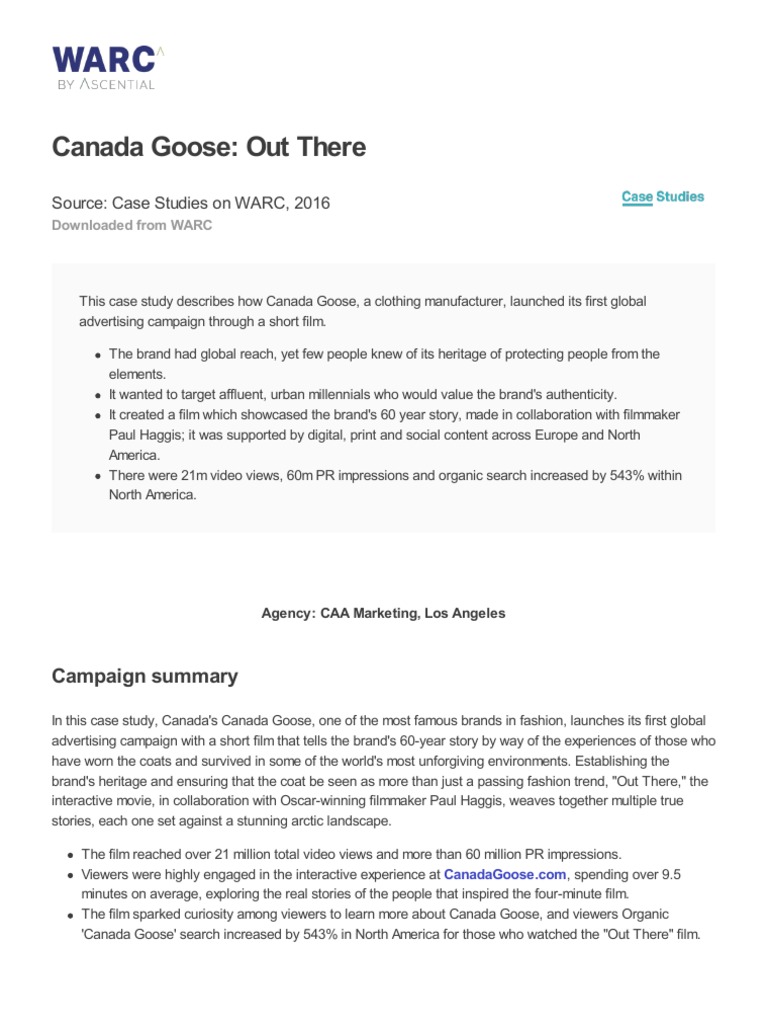 Canada Goose: Out There: Source: Case Studies On WARC, 2016 | PDF ...