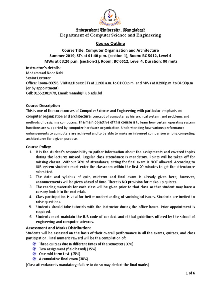 Course Outline CSE214 Summer2019 | PDF | Multi Core Processor | Computer Memory