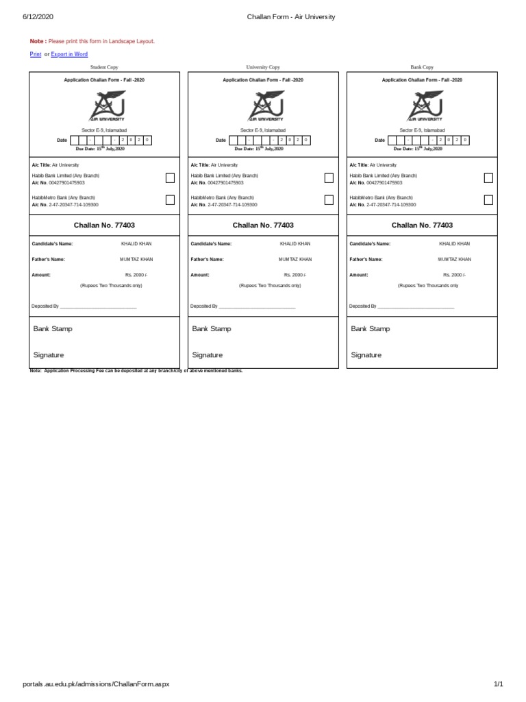 Air University Application Challan Form | PDF | Banking | Economies