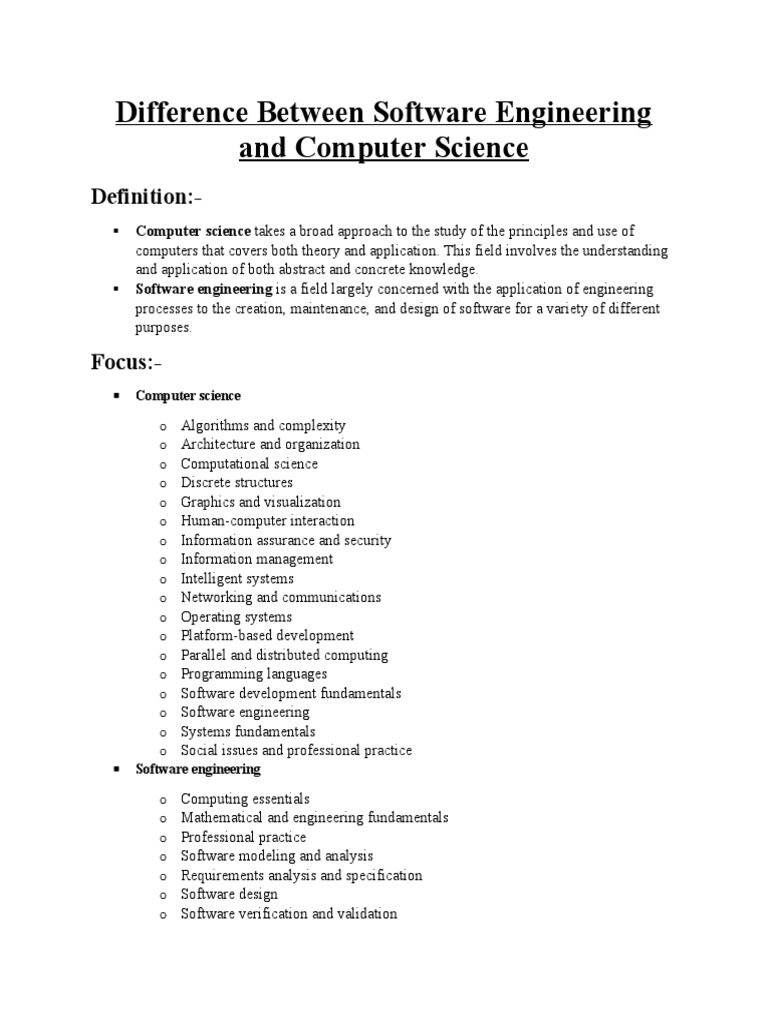 Difference Between Software Engineering and Computer Science | PDF | Computer Science | Software