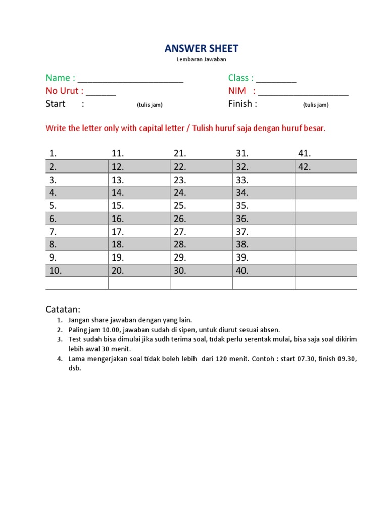 ANSWER SHEET - Lembar Jawaban | PDF