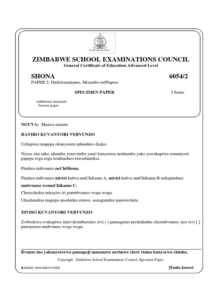 Zimbabwe School Examinations Council: Additional Materials: Answer ...