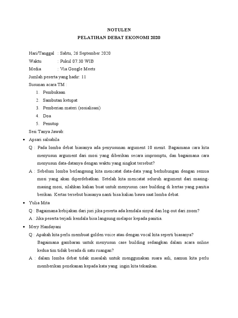 Notulen Pelatihan Debat Ekonomi 2020 | PDF | Karier & Perkembangan ...