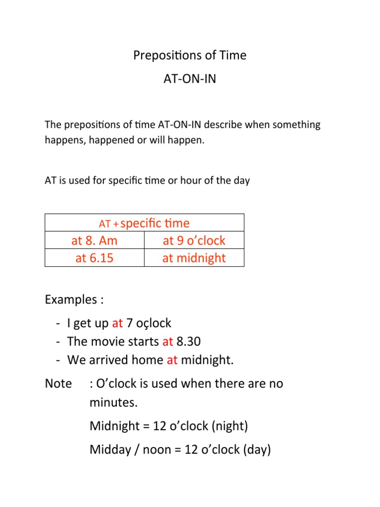 Prepositions of Time At-On-In: Specific Time at 8. Am at 9 O'clock at 6 ...