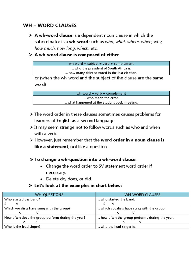 WH - Word Clauses: A Wh-Word Clause Is A Dependent Noun Clause in Which ...