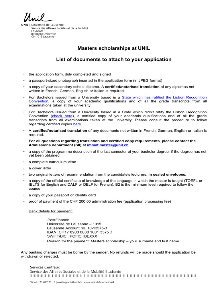 Masters Scholarships at UNIL List of Documents To Attach To Your ...