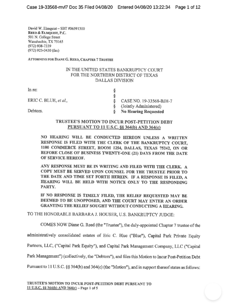 Trustee's Motion to Incur Debt | PDF | Chapter 7 | Bankruptcy