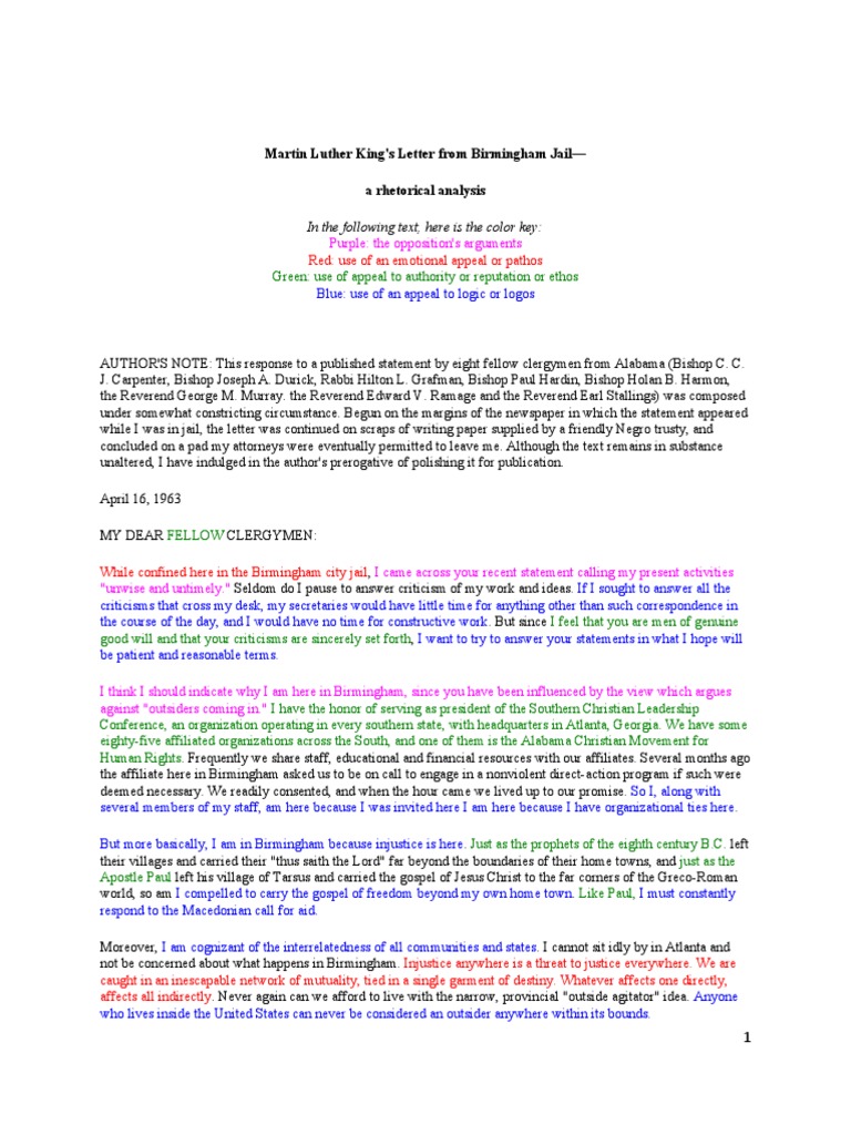 Martin Luther King's Letter From Birmingham Jail - A Rhetorical ...