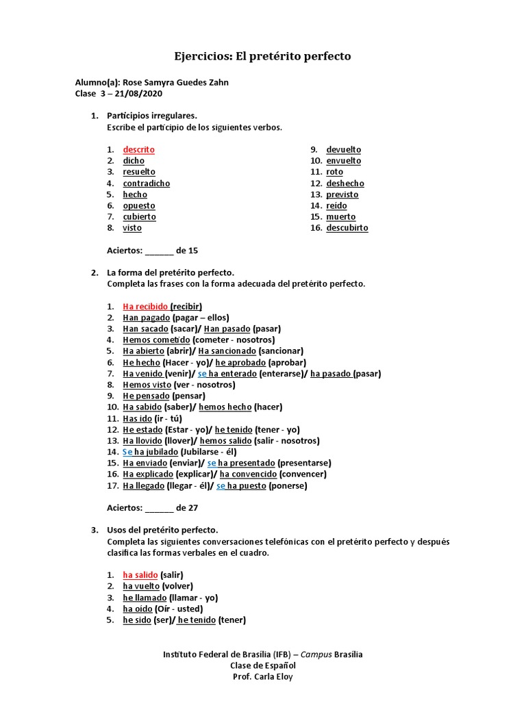 Clase 3 - Ejercicios Pretérito Perfecto Respuestas | PDF | Violencia