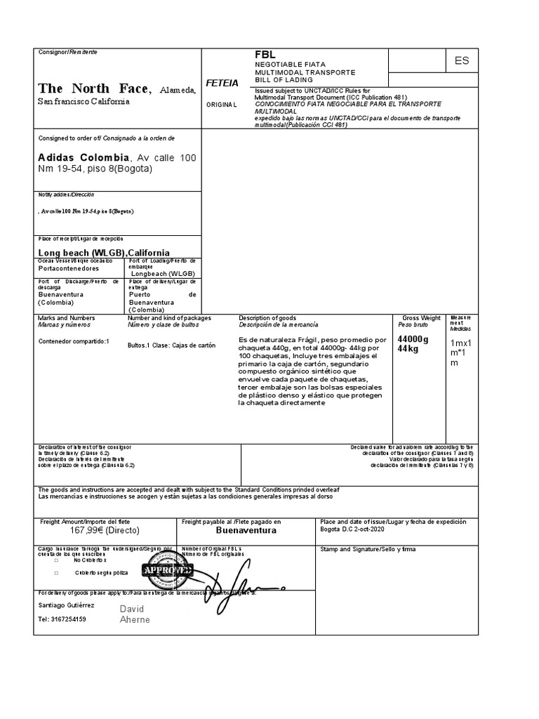 Modelo de Fiata Bill of Lading FBL | PDF | Servicios (economía ...