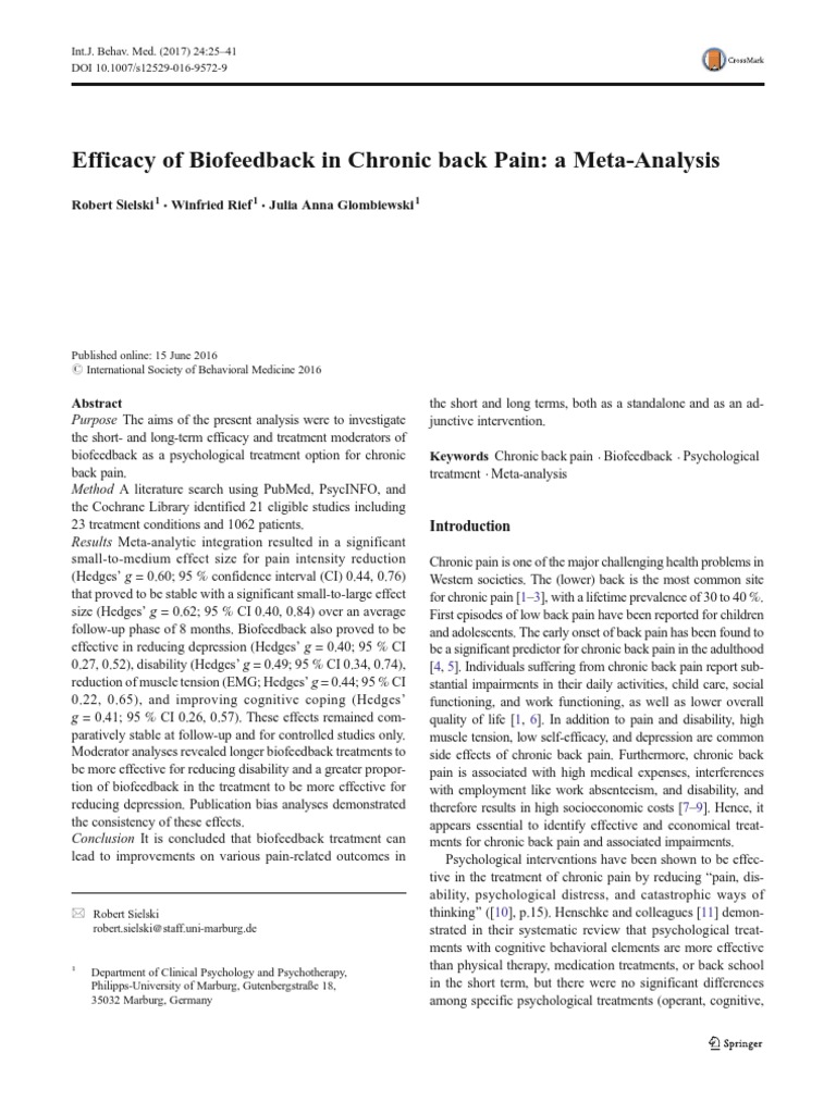 Biofeedback Low Back Pain Meta Analysis 2016 | PDF | Effect Size | Meta Analysis