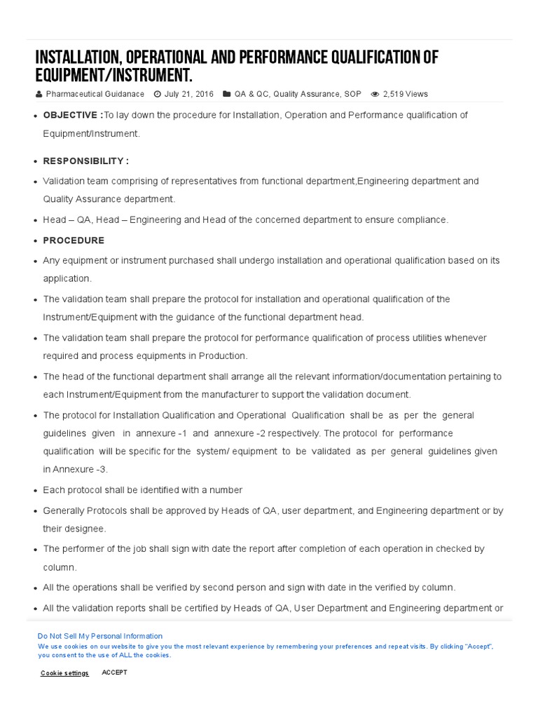 Installation, Operational and Performance Qualification of Equipment ...