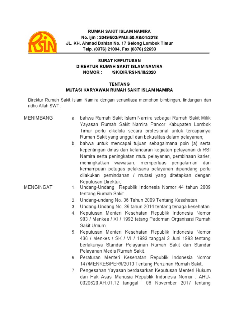SK Mutasi Karyawan RS Islam Namira 2020 | PDF