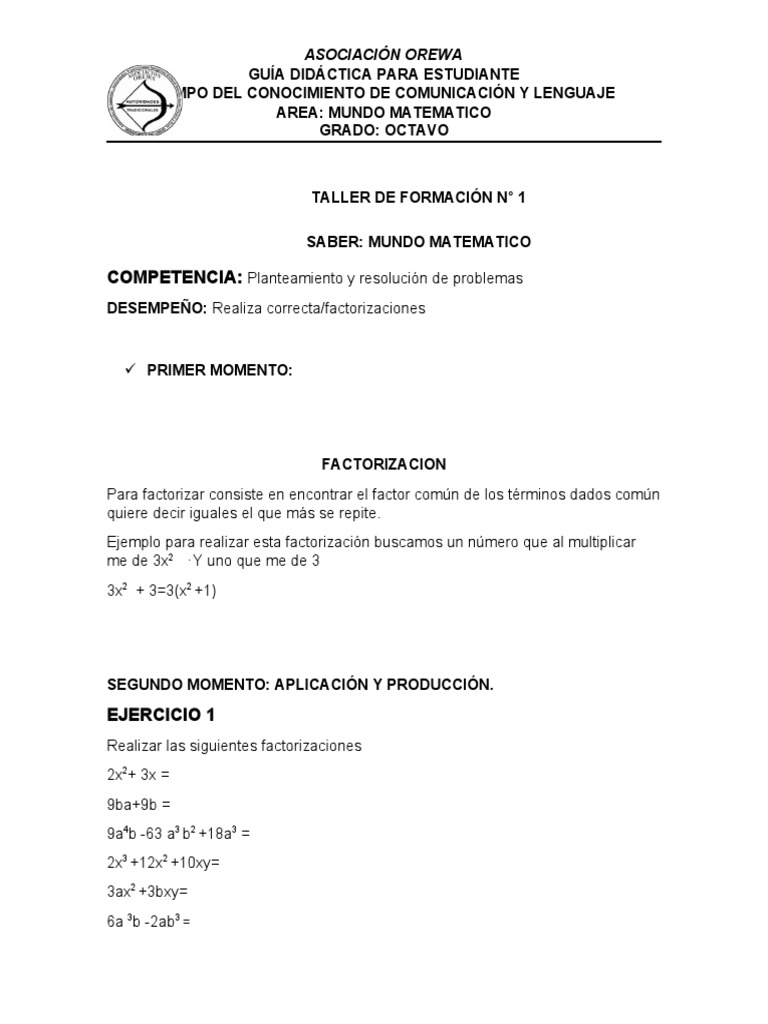 Taller de Factorización para Octavo Grado | PDF | Factorización ...