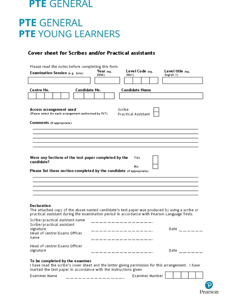 Cover Sheet For Scribes And/or Practical Assistants: (E.g. June) (Eg ...