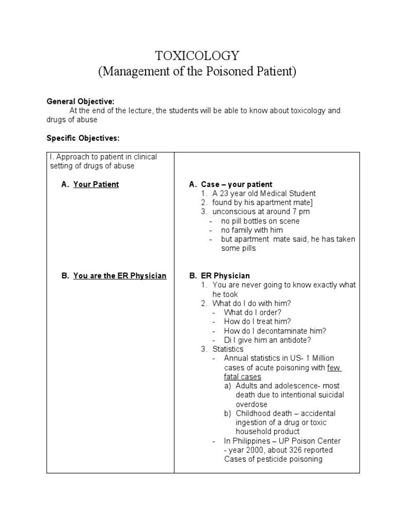 Toxicology (Management of The Poisoned Patient) : General Objective ...