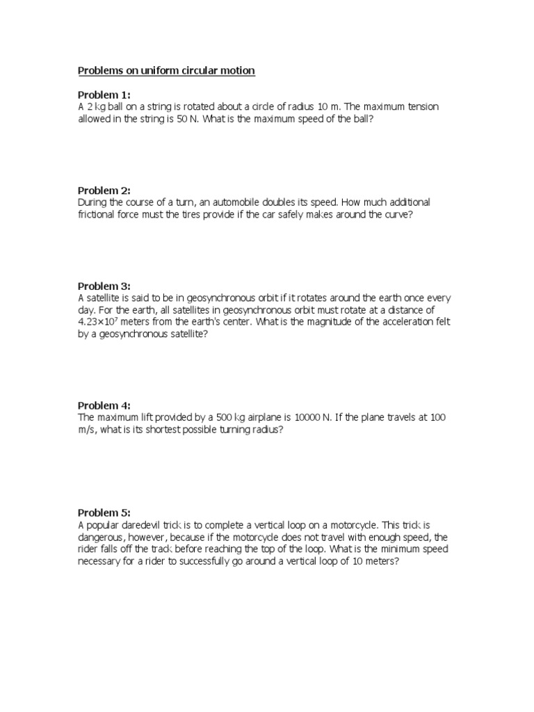 Problems On Uniform Circular Motion Problem 1 | PDF | Acceleration ...