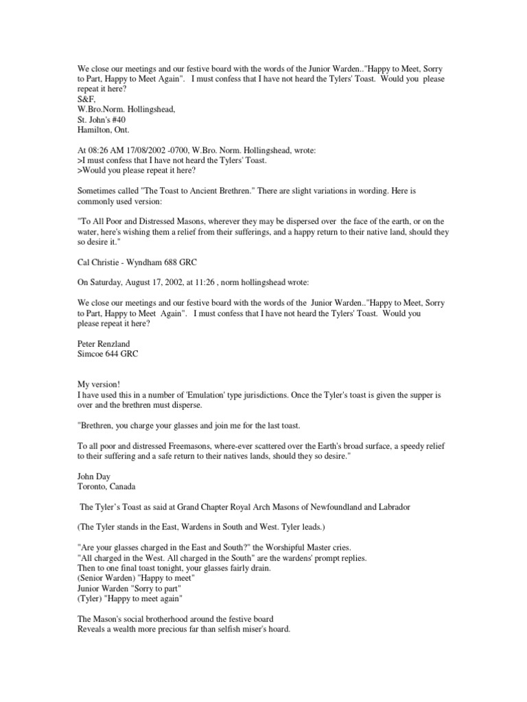 Tylers Toast | PDF | Western Esotericism | Fraternities