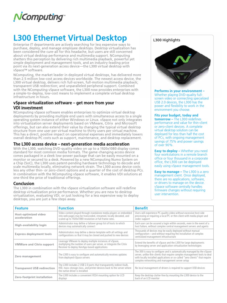 NComputing Datasheet L300 | PDF | Art | Computers