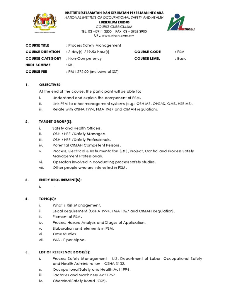 NIOSH Process Safety Management Course | PDF | Occupational Safety And ...