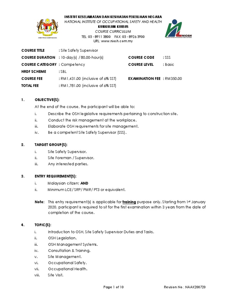 National Institute of Occupational Safety and Health Course Curriculum ...
