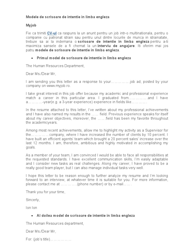 Modele de Scrisoare de Intentie in Limba Engleza | Internship | Job Hunting
