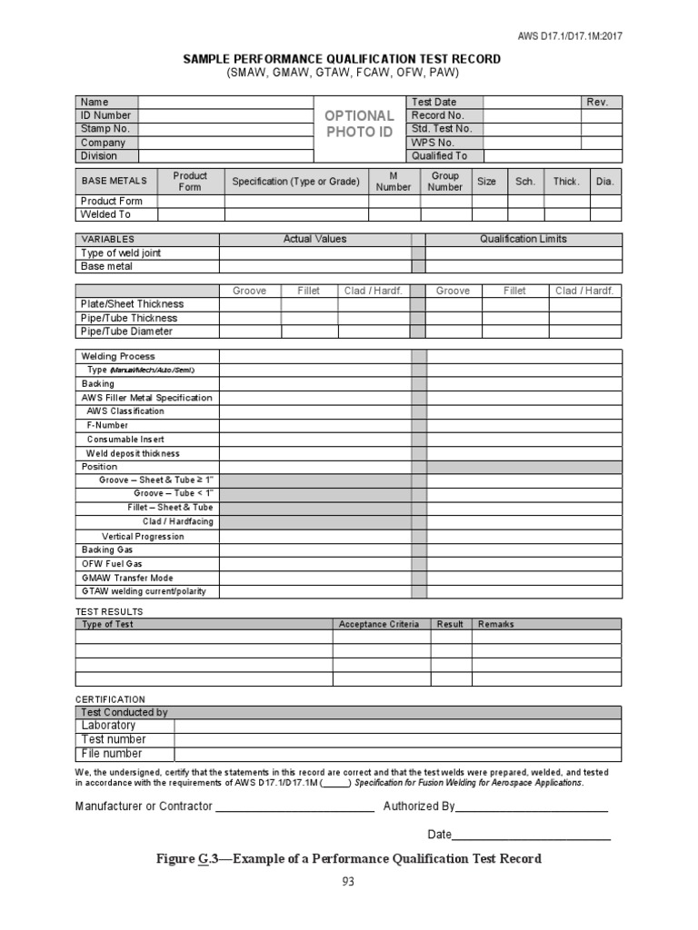 AWS D17.1 Performance Test Record | PDF | Pipe (Fluid Conveyance) | Welding