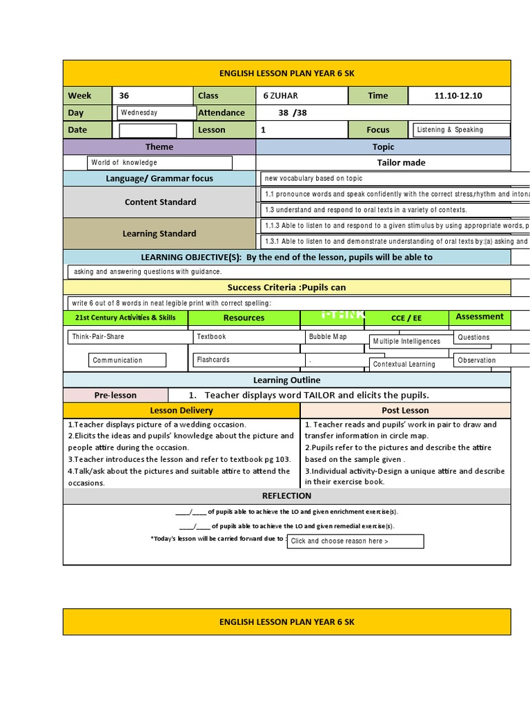 English Lesson Plan Year 6 SK | PDF | Lesson Plan | Question