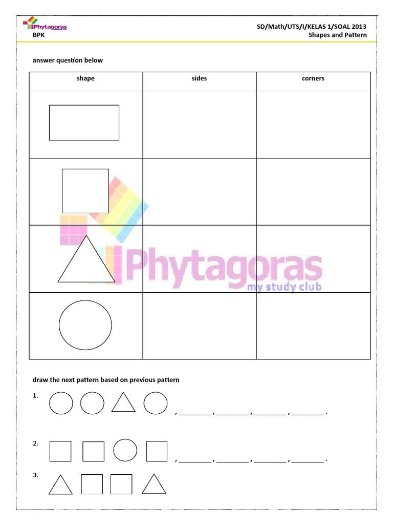 SD/Math/UTS/I/KELAS 1/SOAL 2013 BPK Shapes and Pattern | PDF