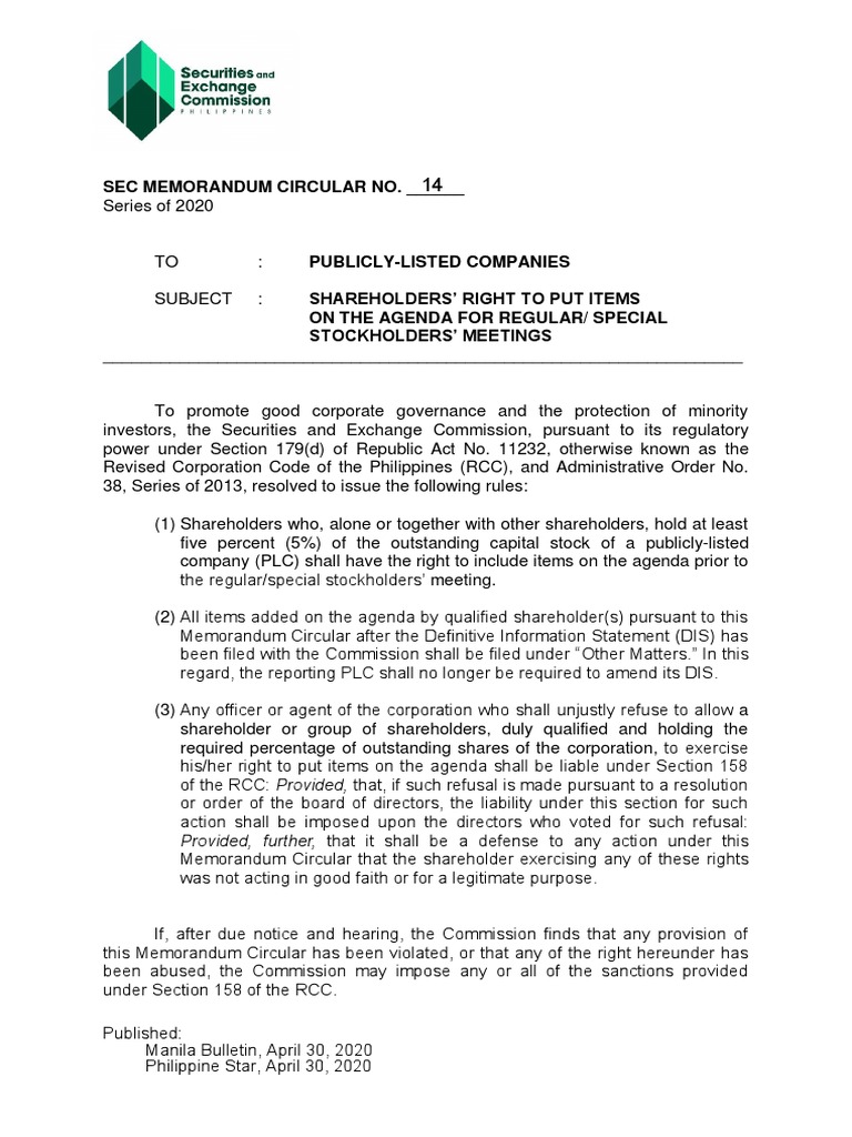 Sec Memorandum Circular No. - : Provided, Further, That It Shall Be A Defense To Any Action ...