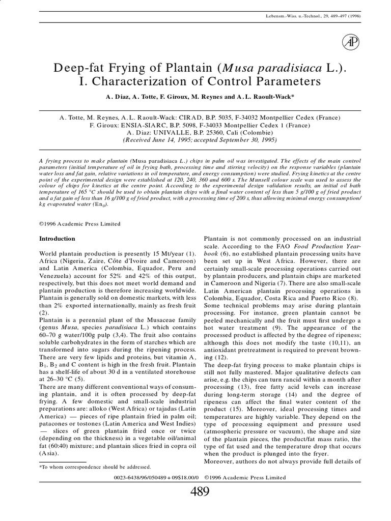 Deep-Fat Frying of Plantain (Musa Paradisiaca L.) . | PDF | Nature ...