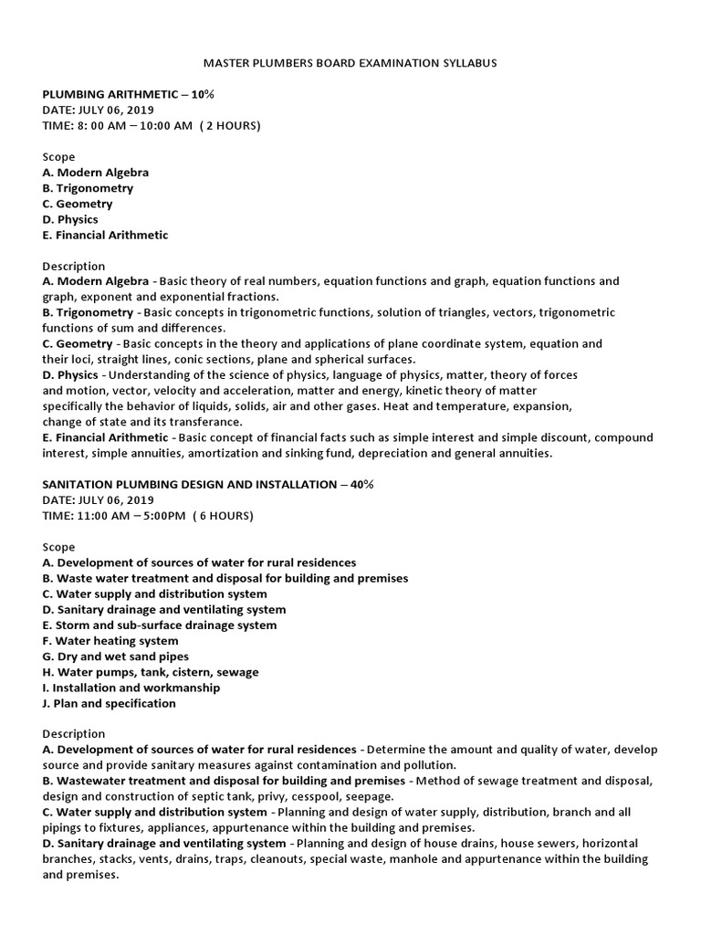 Syllabus of Examination Master Plumbers Licensure | PDF | Plumbing ...