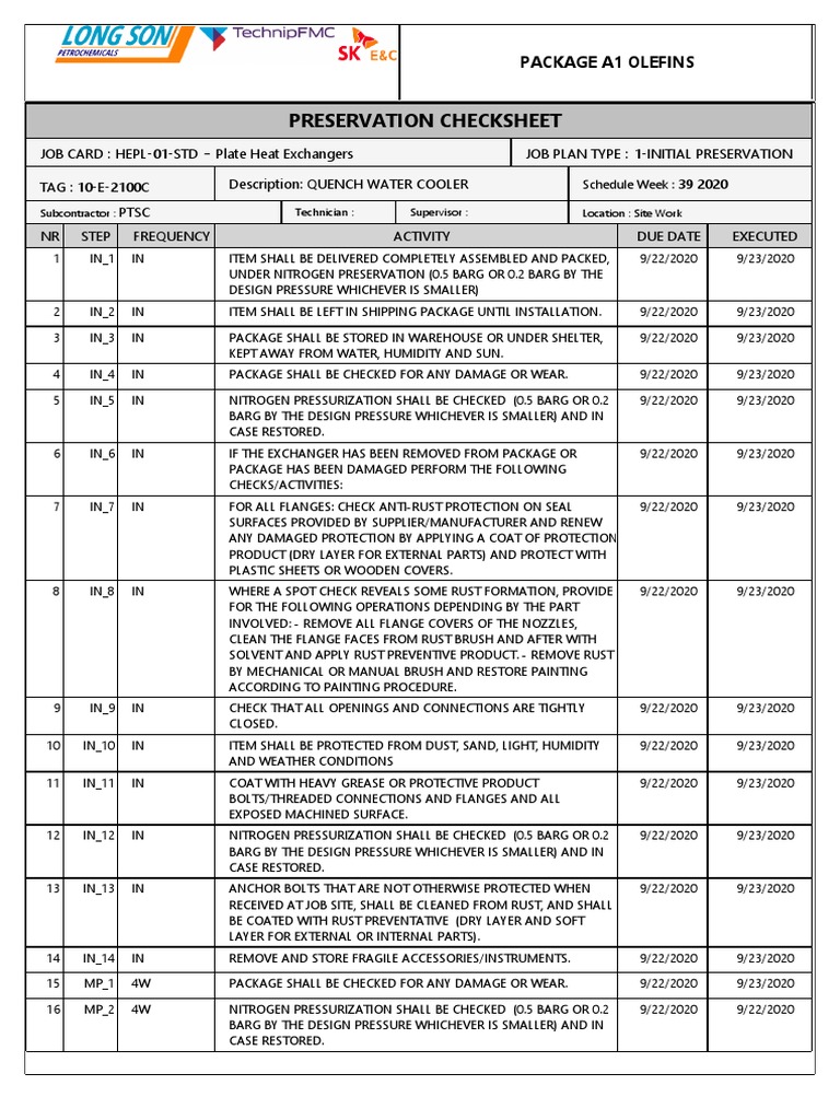 Preservation Check Sheet PROD | PDF | Rust | Screw