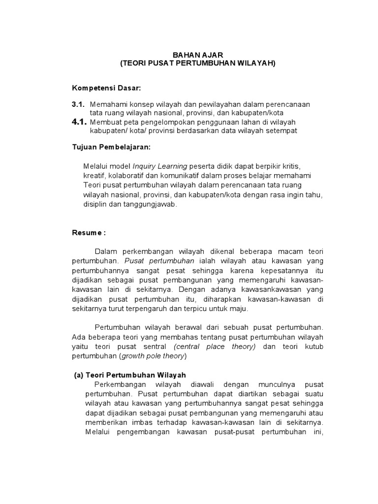 Bahan Ajar Pertemuan 3 Teori Pusat Pertumbuhan | PDF