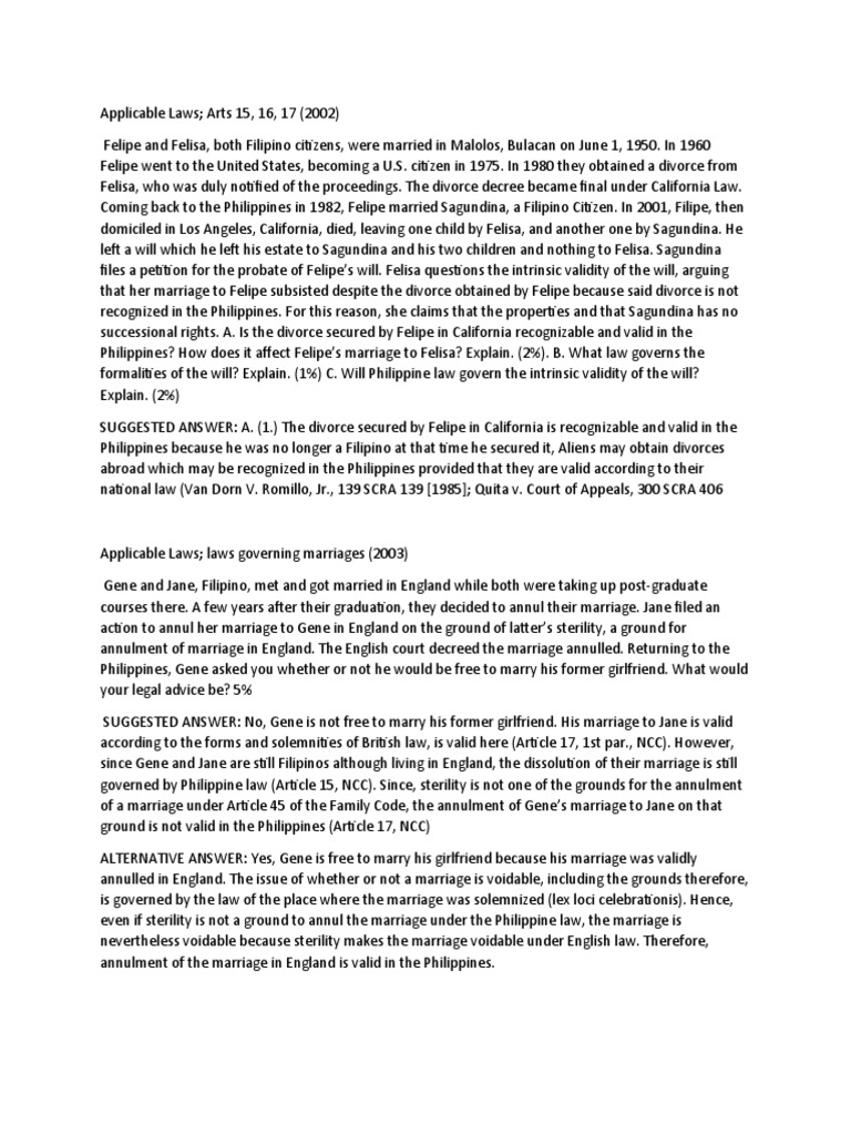 Bar Questions and Answers (Conflict of Laws) | PDF | Will And Testament ...