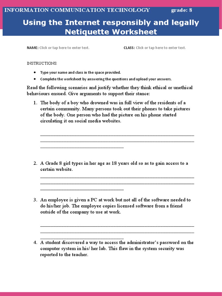 Using The Internet Responsibly and Legally Netiquette Worksheet | PDF ...