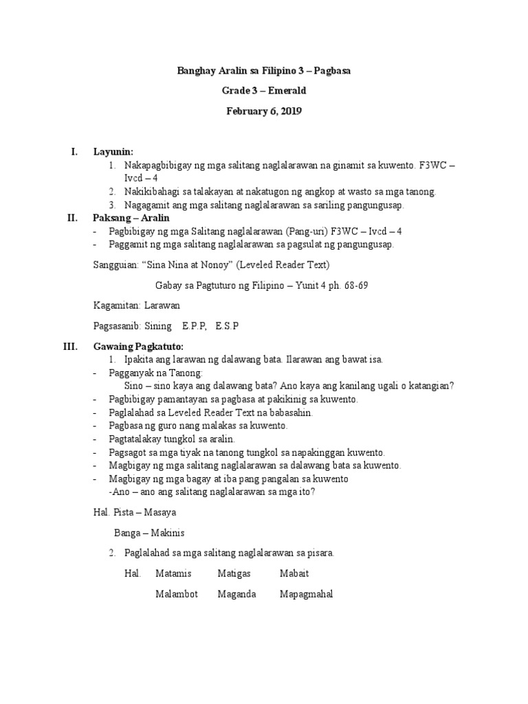 Banghay Aralin Sa Filipino 3 | PDF