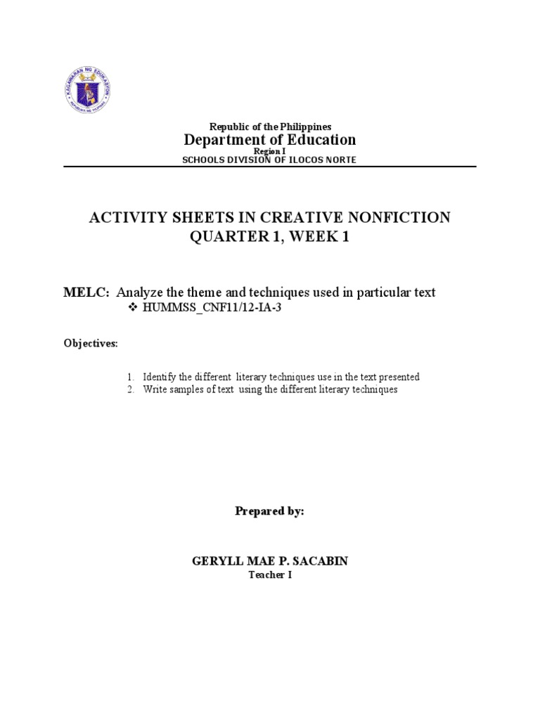 Activity Sheets Creative Non-Fiction Week 1 | PDF | Poetry
